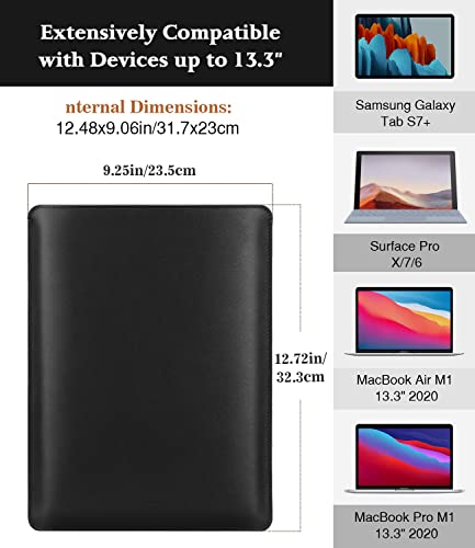 MoKo Laptop Sleeve Compatible with 13.3 MacBook Air Pro, iPad Air/Pro 13 inch, Surface Pro 9/8, PU Leather Notebook Briefcase Carrying Bag Slim Stylish Case Pouch, Black