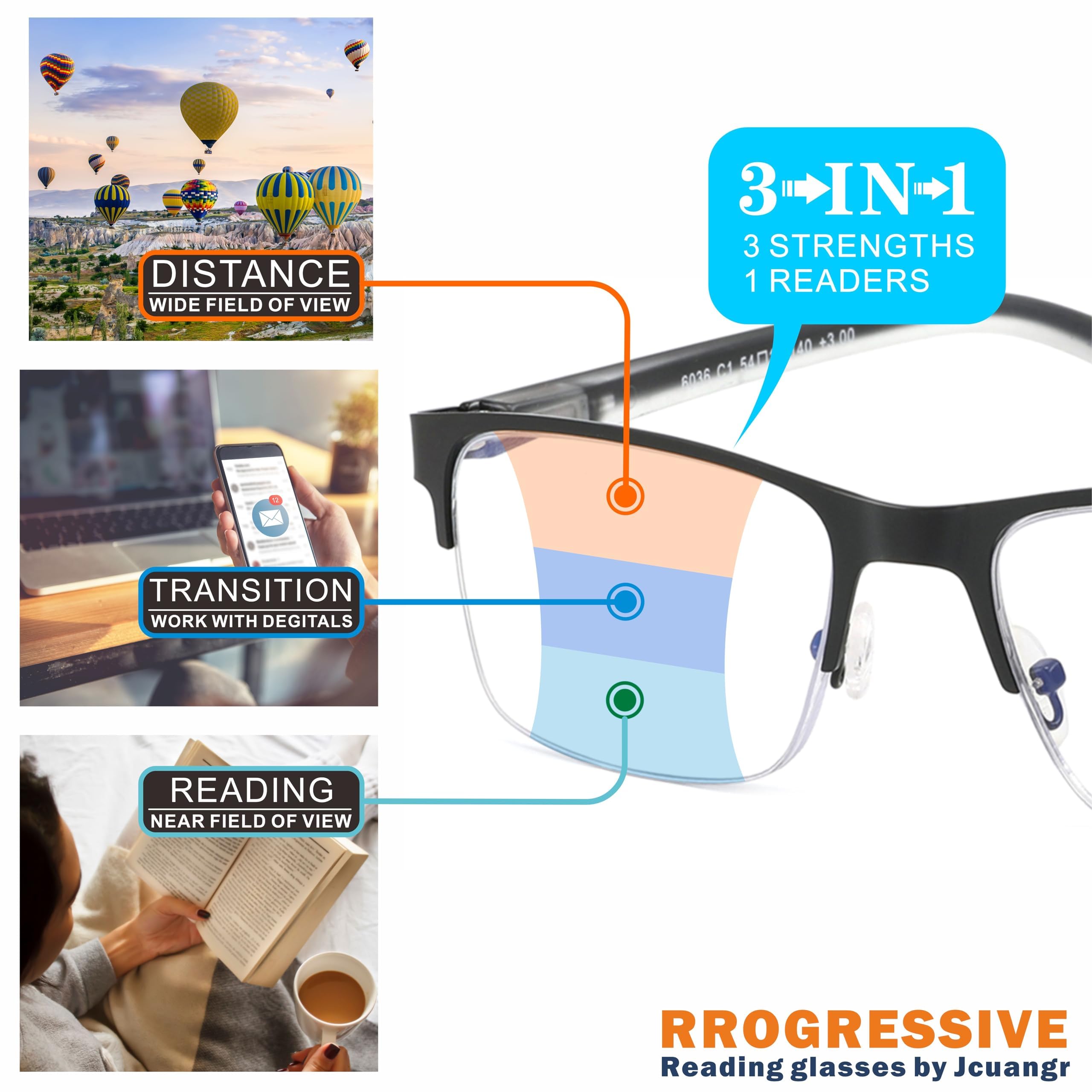 Bifocal Reading Glasses for Men, No Line Bifocals Progressive MultiFocus Readers, Wide Clear Top Transition Non Prescription Multifocal Eyeglasses,Large Anti Blue Light Multi focals Half Frame +1.75