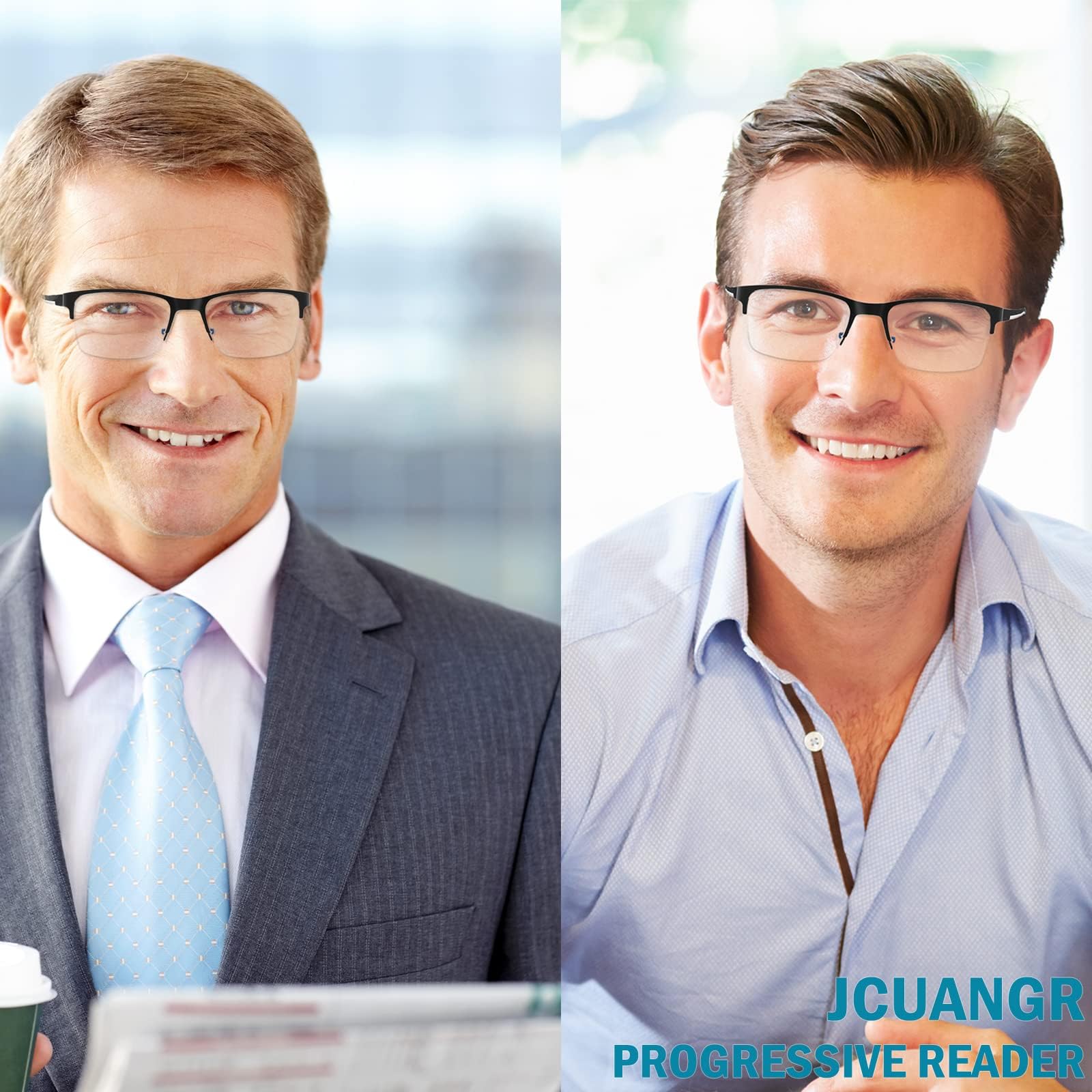 Bifocal Reading Glasses for Men, No Line Bifocals Progressive MultiFocus Readers, Wide Clear Top Transition Non Prescription Multifocal Eyeglasses,Large Anti Blue Light Multi focals Half Frame +1.75