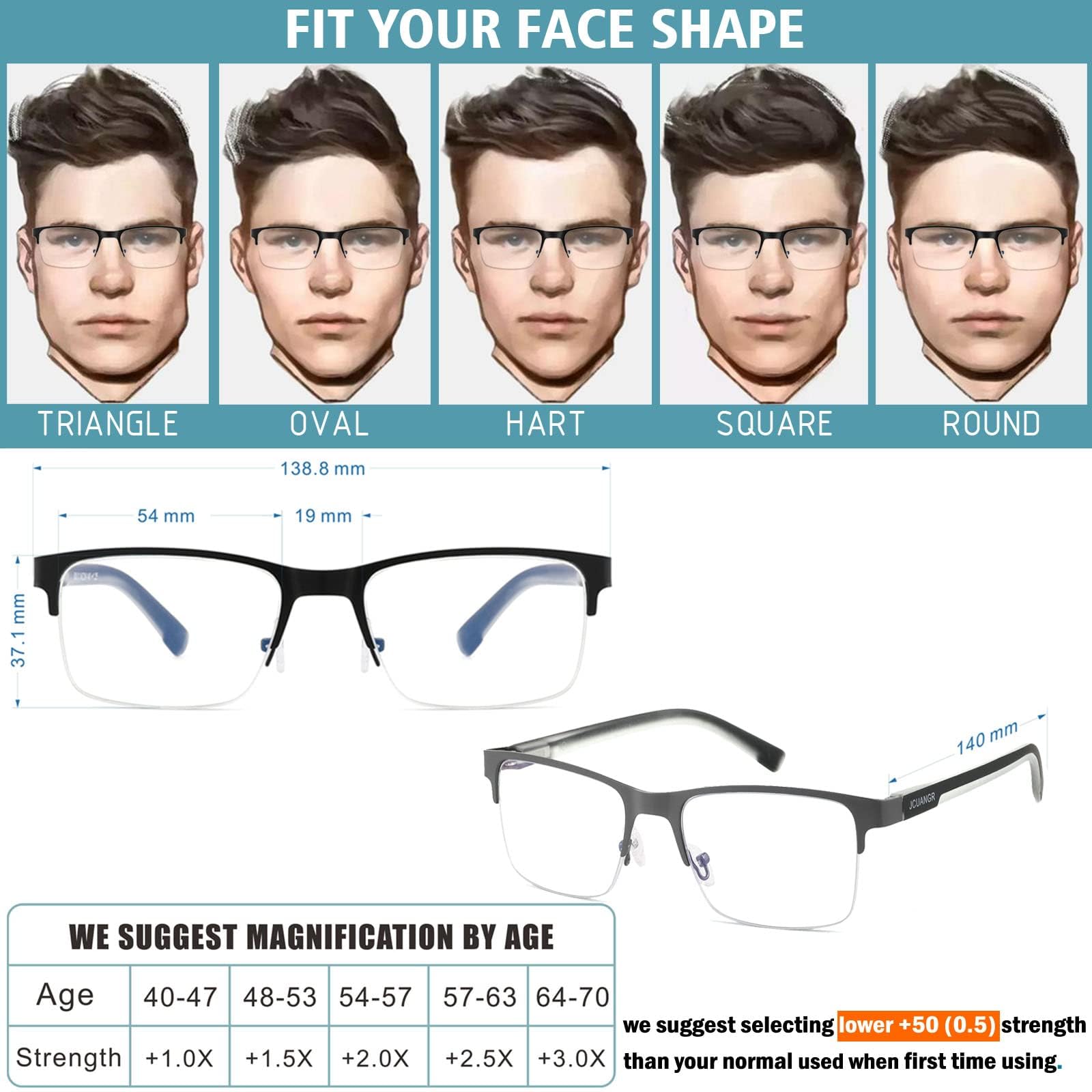 Bifocal Reading Glasses for Men, No Line Bifocals Progressive MultiFocus Readers, Wide Clear Top Transition Non Prescription Multifocal Eyeglasses,Large Anti Blue Light Multi focals Half Frame +1.75