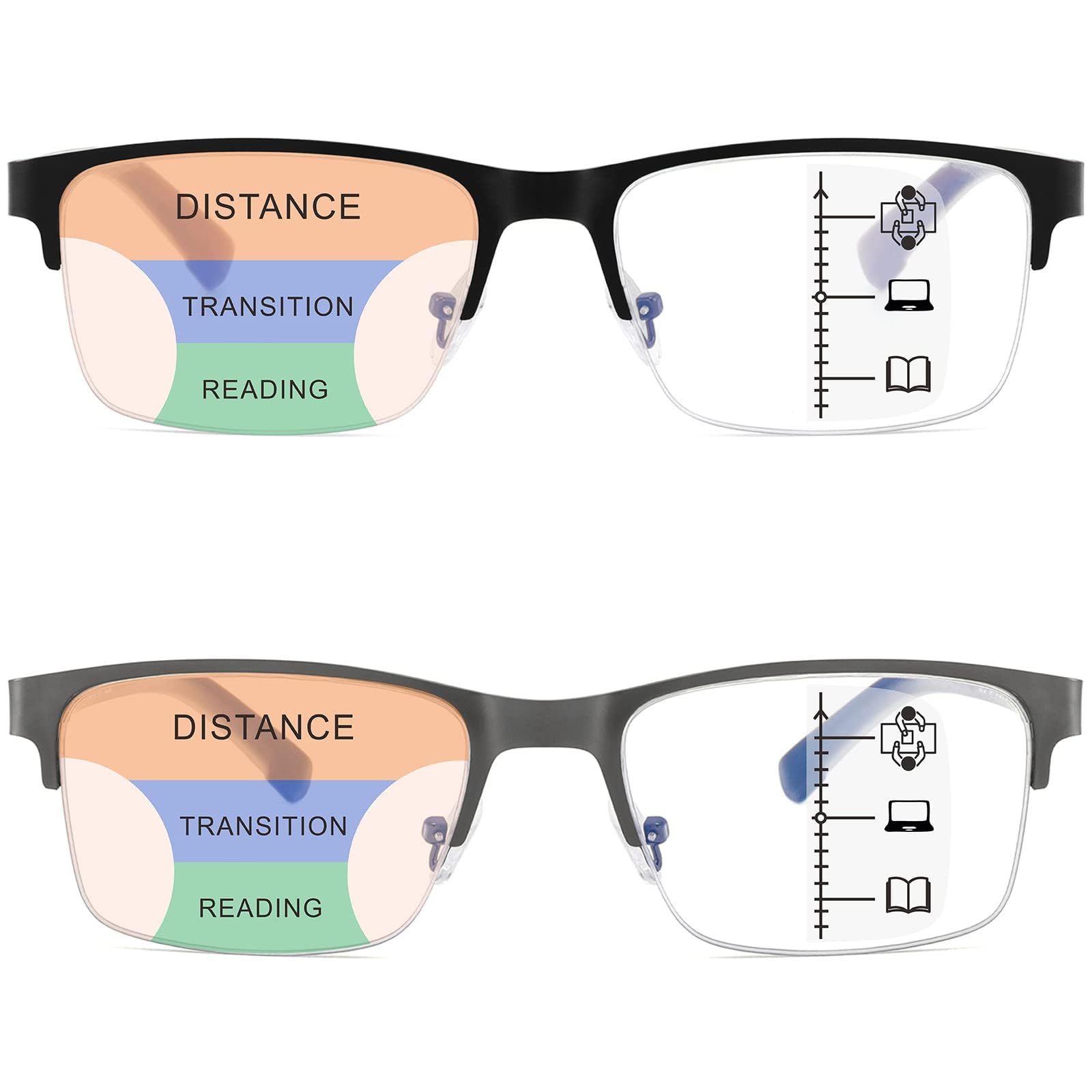 Bifocal Reading Glasses for Men, No Line Bifocals Progressive MultiFocus Readers, Wide Clear Top Transition Non Prescription Multifocal Eyeglasses,Large Anti Blue Light Multi focals Half Frame +1.75