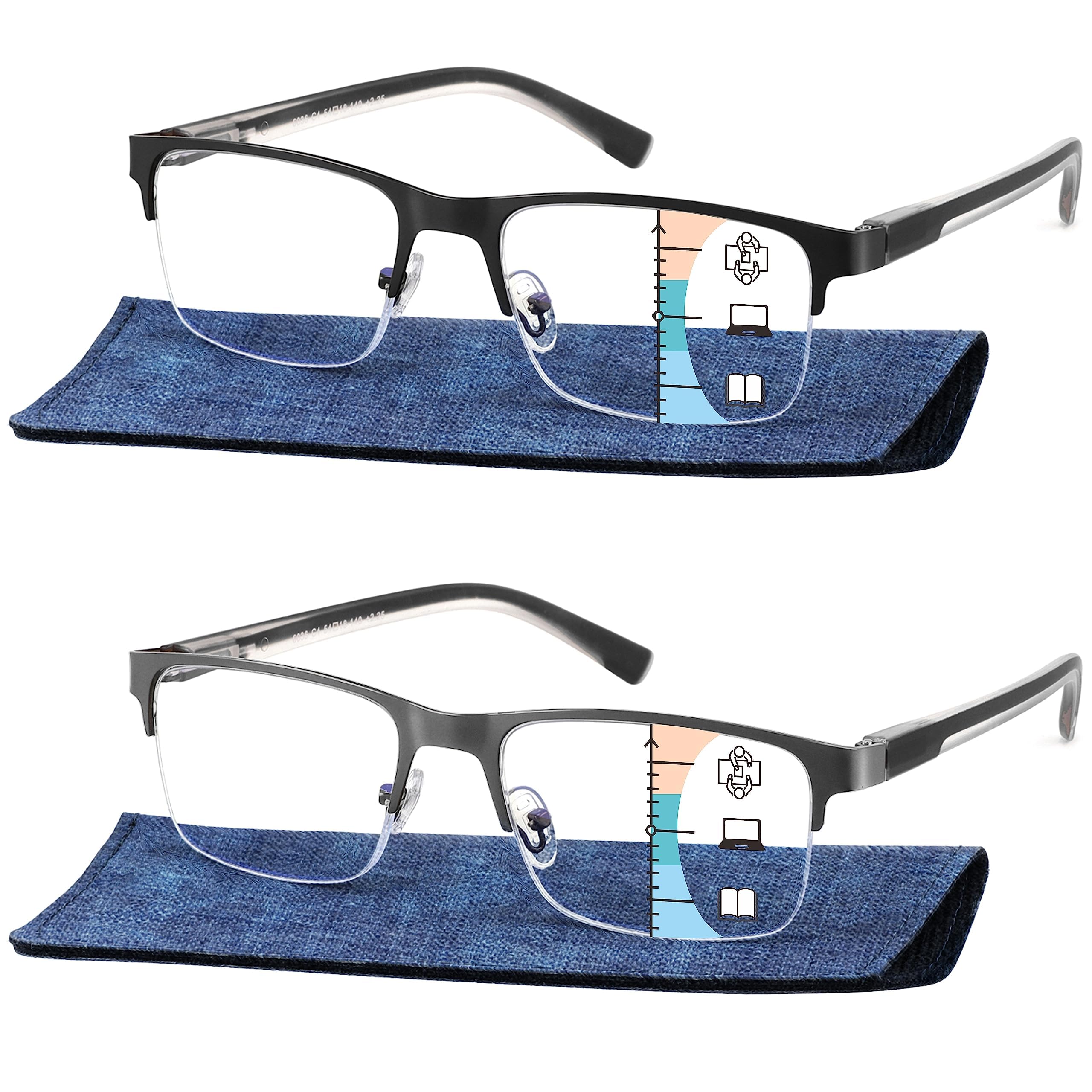 Bifocal Reading Glasses for Men, No Line Bifocals Progressive MultiFocus Readers, Wide Clear Top Transition Non Prescription Multifocal Eyeglasses,Large Anti Blue Light Multi focals Half Frame +1.75
