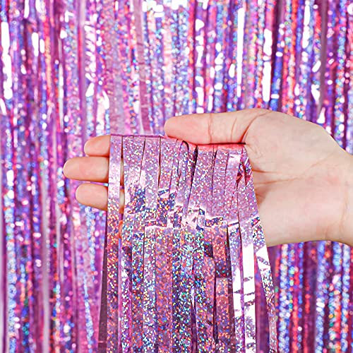 4 Pieces Foil Fringe Curtains Party Decorations Metallic Tinsel Curtain Glitter Foil Valentines Day Party Streamer 3.2 x 8.2 Feet Foil Photo Booth Backdrop for Birthday Baby Shower Holiday (Pink)