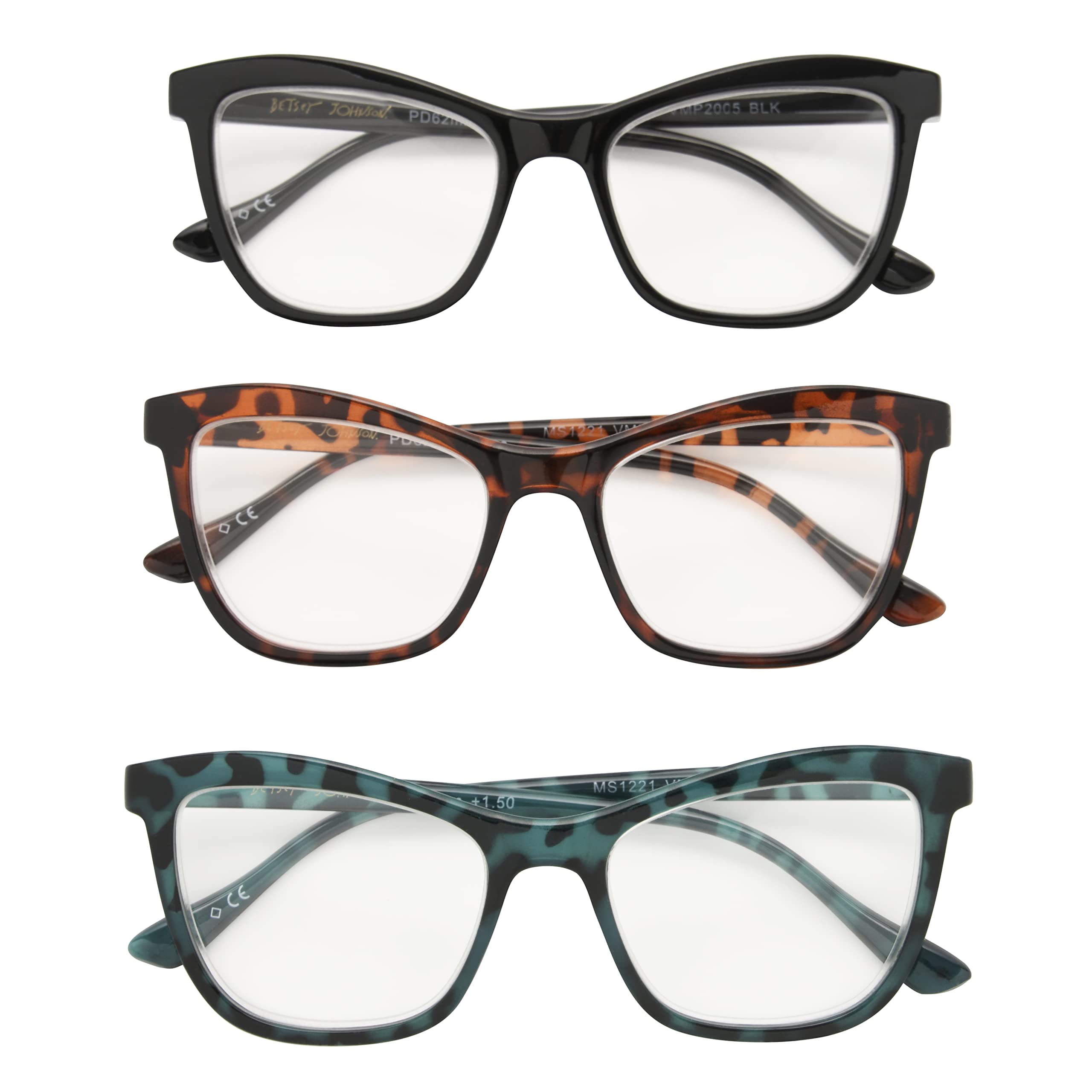 Betsey Johnson Women's Telcroc 3 Pack Reading Glasses Way, Black, Tortoise, Teal Tortise, 2X + 2