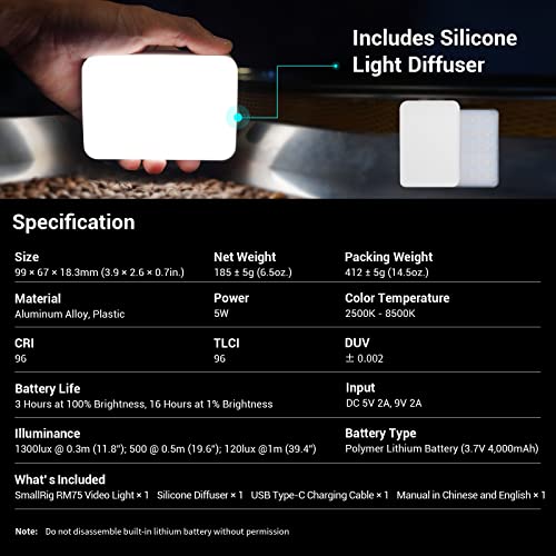SmallRig RM75 RGB Video Light, RGBWW Full Color Portable LED Light Panel, 4,000mAh Battery, 2500-8500K, CRI96, TLCI 98, Magnetic Attraction and App, for Vlogging Photography