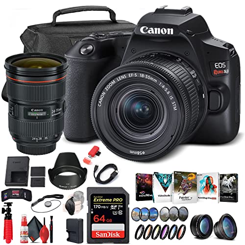 Canon EOS Rebel SL3 DSLR Camera with 18-55mm Lens (Black) (3453C002) + Canon EF 24-70mm Lens + 64GB Card + Color Filter Kit + Case + Filter Kit + Corel Photo Software + LPE17 Battery + More (Renewed)