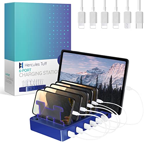 Hercules Tuff Charging Station for Multiple Devices - 6 Ports - (4) iOS Compatible, (1) USB-C & (1) Micro USB Cable for Cell Phones, Smart Phones, Tablets, and Electronics, Blue