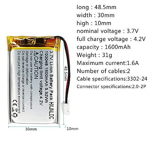 DC 3.7V 1600mAh 103048 Rechargeable Polymer Lithium ion Battery Replacement for DIY 3.7-5V Electronic Product, Mobile Energy Storage Power Supply