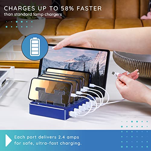 Hercules Tuff Charging Station for Multiple Devices - 6 Ports - (4) iOS Compatible, (1) USB-C & (1) Micro USB Cable for Cell Phones, Smart Phones, Tablets, and Electronics, Blue