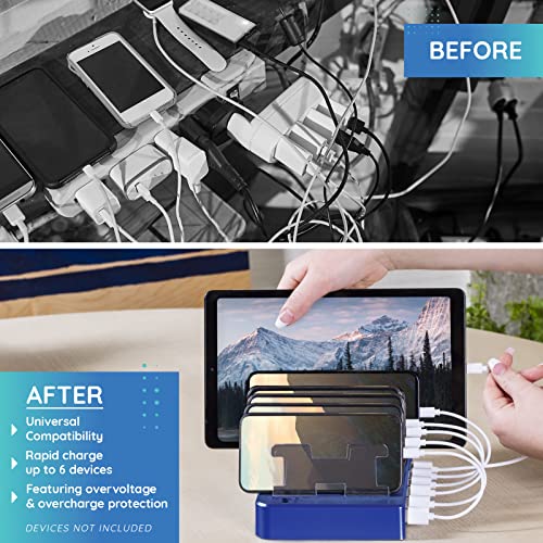 Hercules Tuff Charging Station for Multiple Devices - 6 Ports - (4) iOS Compatible, (1) USB-C & (1) Micro USB Cable for Cell Phones, Smart Phones, Tablets, and Electronics, Blue