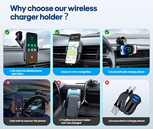 Risingstar Wireless Car Charger, 15W Fast Wireless Car Charger Mount, Auto-Clamping Alignment Windshield Dashboard Air Vent Cell Phone Holder for iPhone 14/13/12/11/pro/X/8, Samsung S20/S10/S9/S8