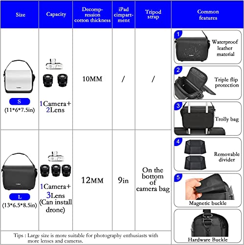 Cwatcun Camera Shoulder Bag, Waterproof Camera Crossbody Case, Compact Photography Backpack, Compatible with Canon/Nikon/Sony/Fuji DSLR/SLR/Mirrorless Camera, Lens and Accessories, White
