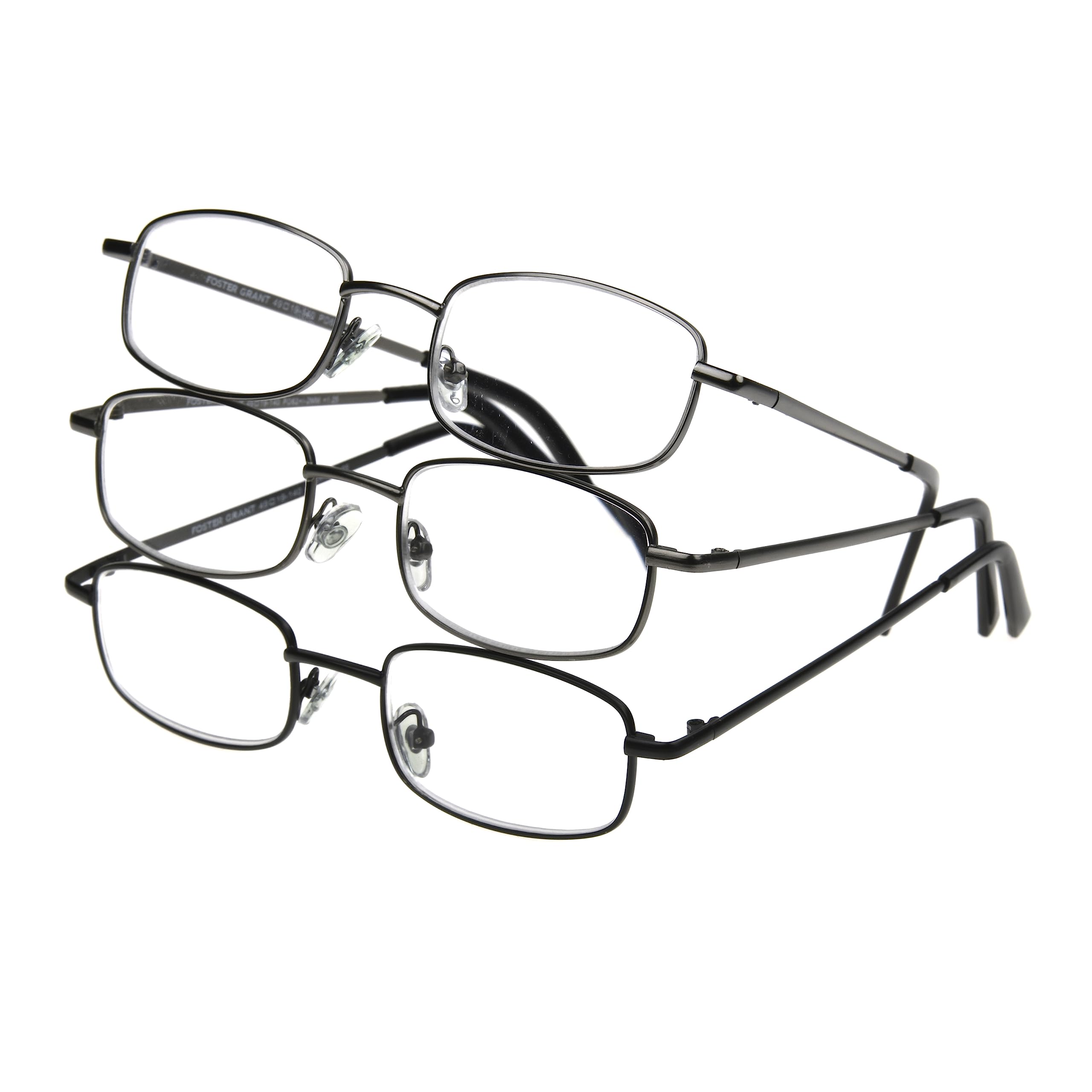 Foster Grant Men's Council Rectangular Reading Glasses, Gunmetal and Black, 3 Pack, 1.75x