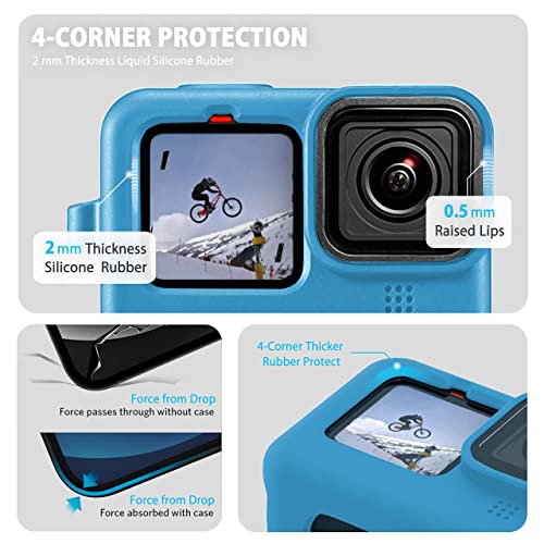 FitStill Blue Silicone Sleeve Case for Go Pro Hero 11 Hero 10 Hero 9 Black, Battery Side Cover&Screen Protectors&Lens Caps&Lanyard for Go Pro Hero 11 /10 / 9 Accessories Kit