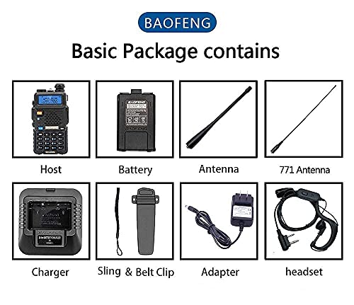 2 Pack Baofeng UV-5R Two Way Radio Ham Radio Handheld Rechargeable Long Range Portable Baofeng Walkie Talkie with 2 Pack 771 Antenna (Black)