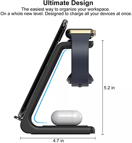 3 in 1 Charging Station - Wireless Charger for iPhone, Apple Watch & AirPods - Fast Charging Stand Dock for Qi-Enabled Phones, Samsung, Android, Smart Watch, Bluetooth Headset
