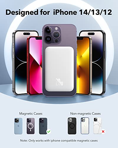 Baseus Magnetic Power Bank Battery Pack 6000mAh Wireless Portable Charger PD 20W with USB-C Cable, for MagSafe, for iPhone 14/13/12 Series, White
