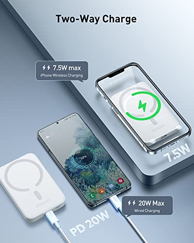 Baseus Magnetic Power Bank Battery Pack 6000mAh Wireless Portable Charger PD 20W with USB-C Cable, for MagSafe, for iPhone 14/13/12 Series, White