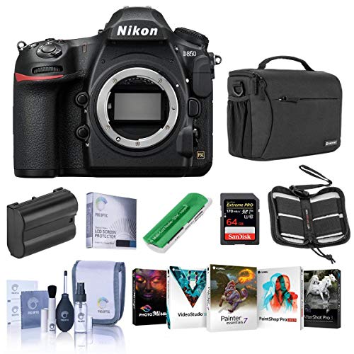 Nikon D850 DSLR Camera Body - Bundle with 64GB SDXC U3 Card, Camera Case, Spare Battery, Cleaning Kit, Memory Wallet, Card Reader, Glass Screen Protector, PC Software Package