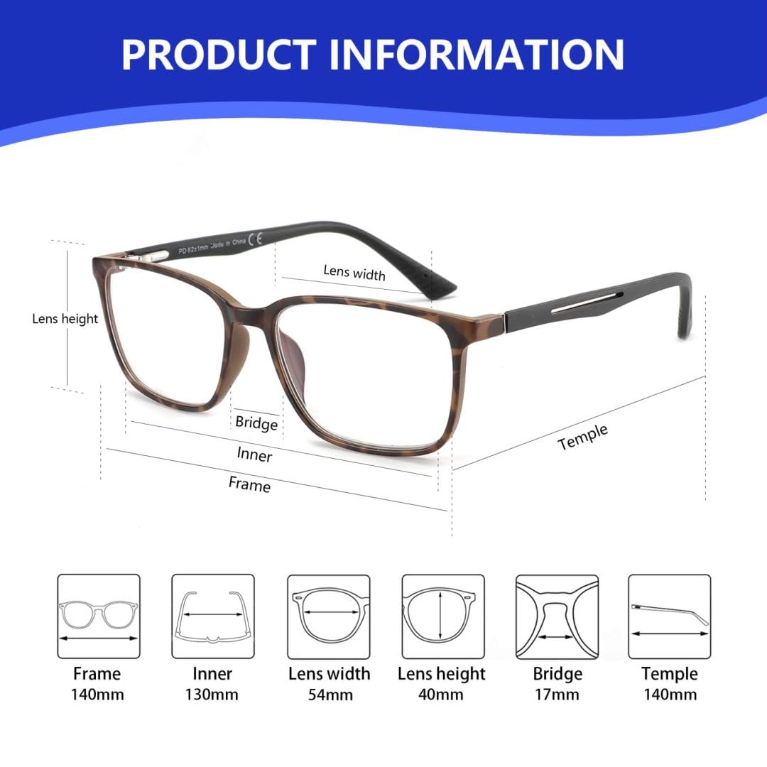 BLUEMOKY Blue Light Reading Glasses for Men,Sport Square Frame Readers, Anti Glare Computer Glasses(Tortoise,1.25)