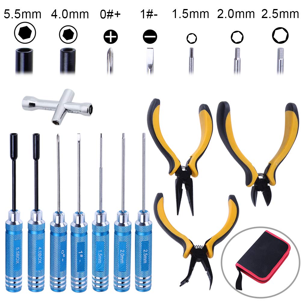 Hobbypark 11 in 1 Professional Multi RC Tools Kits Box Set Hex Driver Allen Keys Screwdriver Pliers Wrench Repair for RC Car Multirotors Airplane Boat