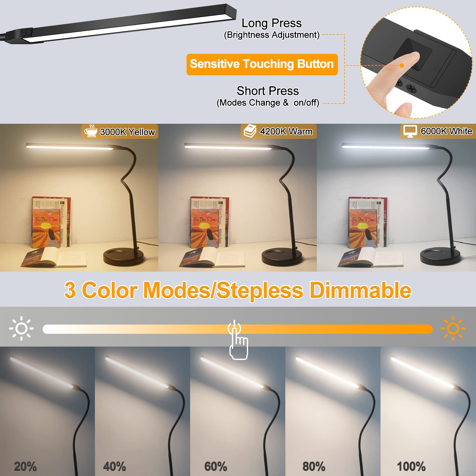 NAKOOS LED Desk Lamp with Clamp & Round Base, Eye Caring Table Lamp with Flexible Gooseneck, Touch Control 3 Color Modes, 10 Brightness Levels, Desk Light for Home Office 12W