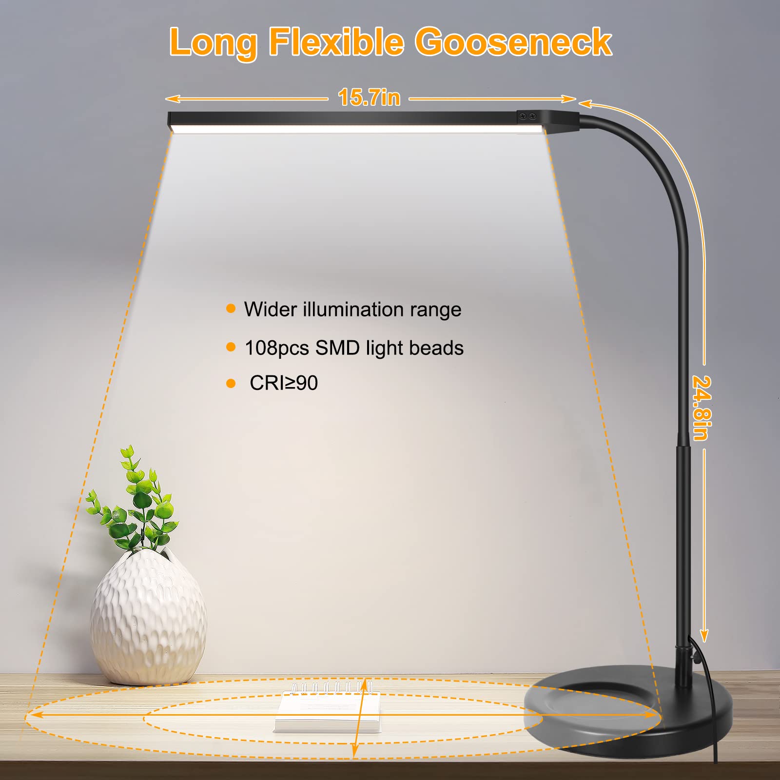 NAKOOS LED Desk Lamp with Clamp & Round Base, Eye Caring Table Lamp with Flexible Gooseneck, Touch Control 3 Color Modes, 10 Brightness Levels, Desk Light for Home Office 12W