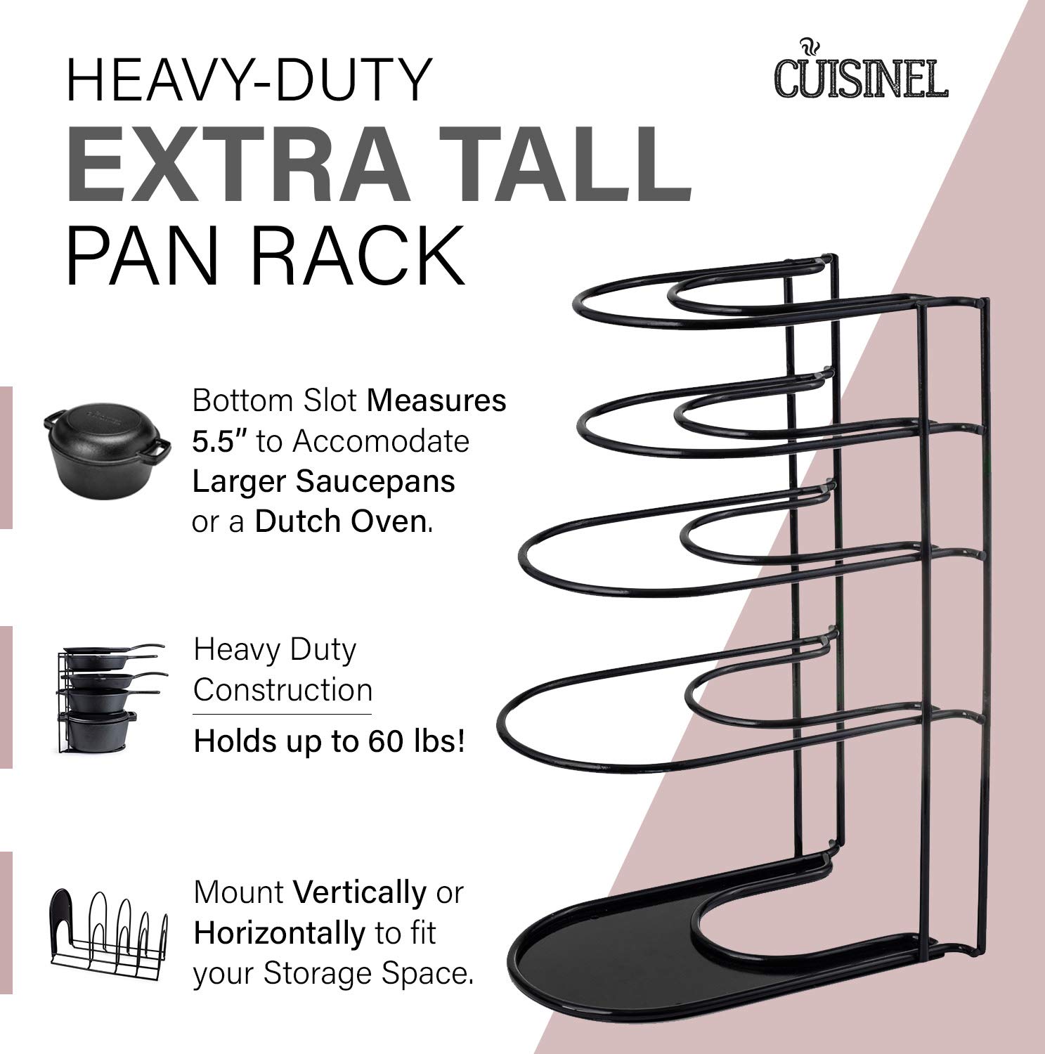 Heavy Duty Pan Organizer, Extra Large 5 Tier Rack - Holds Cast Iron Skillets, Dutch Oven, Griddles - Durable Steel Construction - Space Saving Kitchen Storage - No Assembly Required - Black 15.4-inch