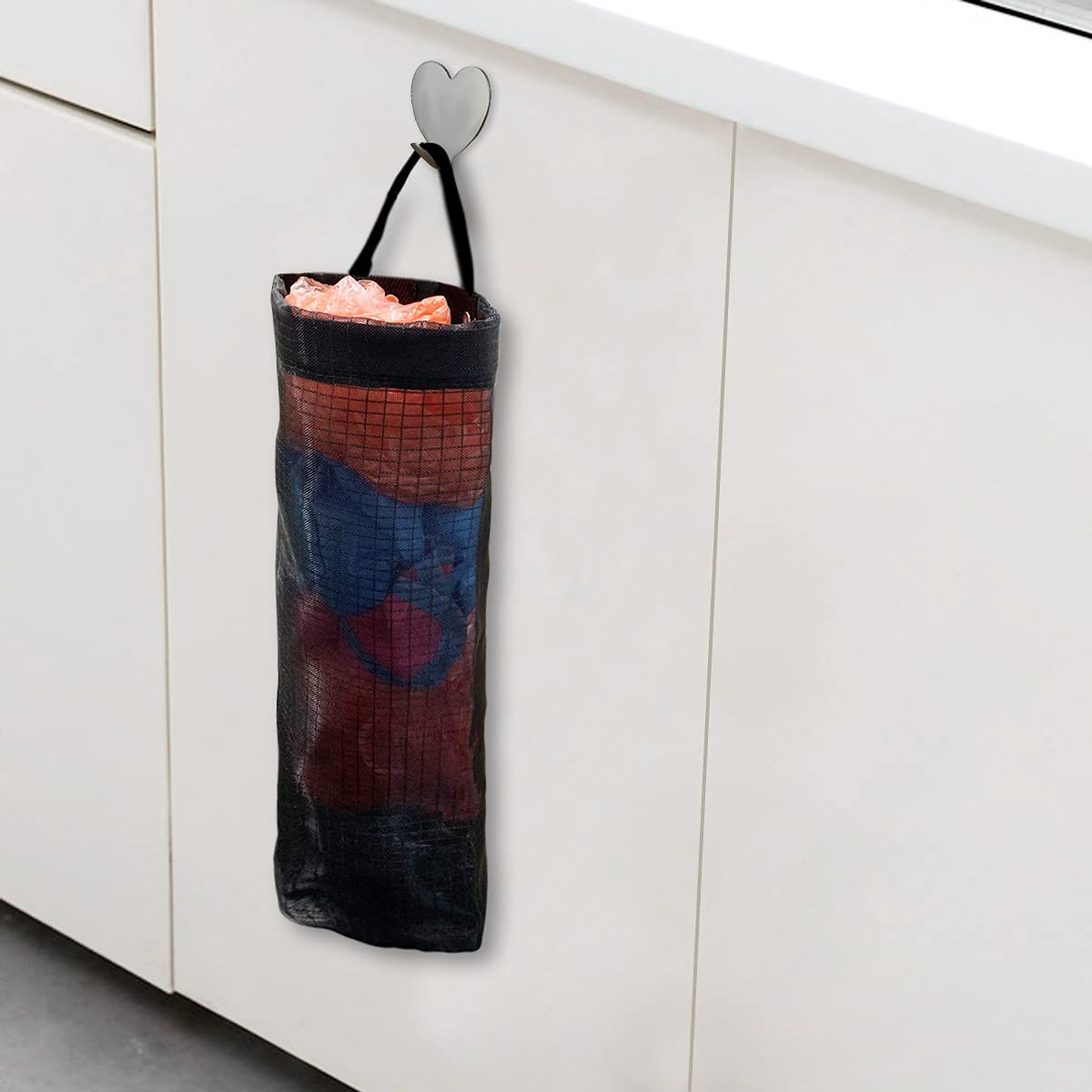 2 Pcs Plastic Bag Holder Trash Bags Storage Dispenser Organizer for Home Kitchen Mesh Hanging Storage Dispensers Recycling Garbage Folding Hanging Storage Bag Grocery Bags Holder with 4 Hooks (Black)