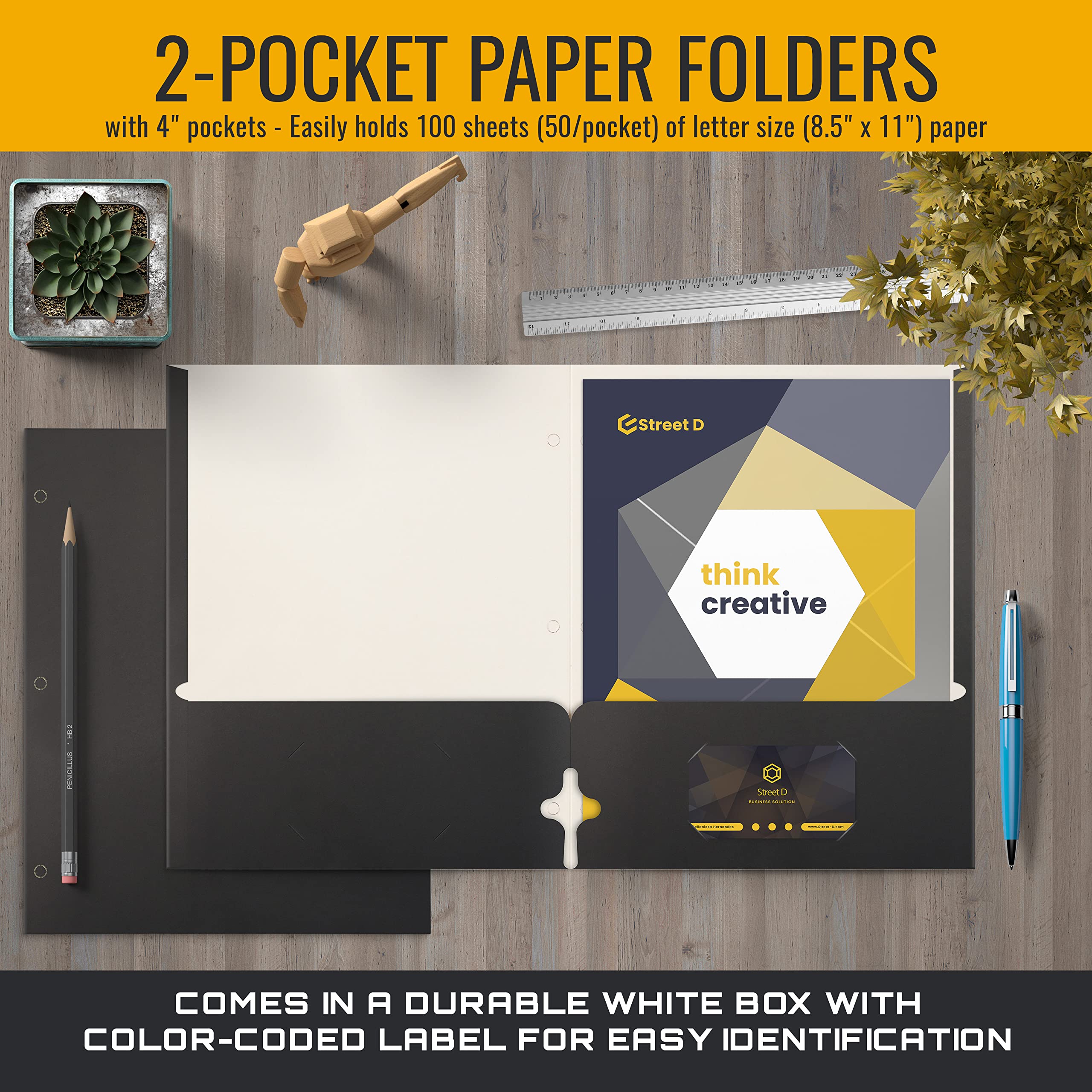 Two Pocket Portfolio Folders, 50-Pack, Black, Letter Size Paper Folders, by Better Office Products, 50 Pieces, Black