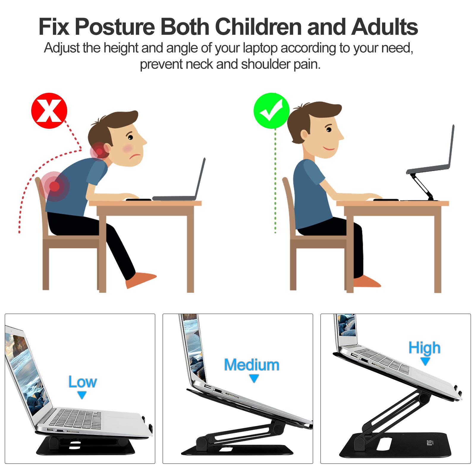 Urmust Adjustable Laptop Stand for Desk Aluminum Computer Stand for Laptop Riser Holder Notebook Stand Compatible with MacBook Air Pro Ultrabook All Laptops 11-17 inch (Black)