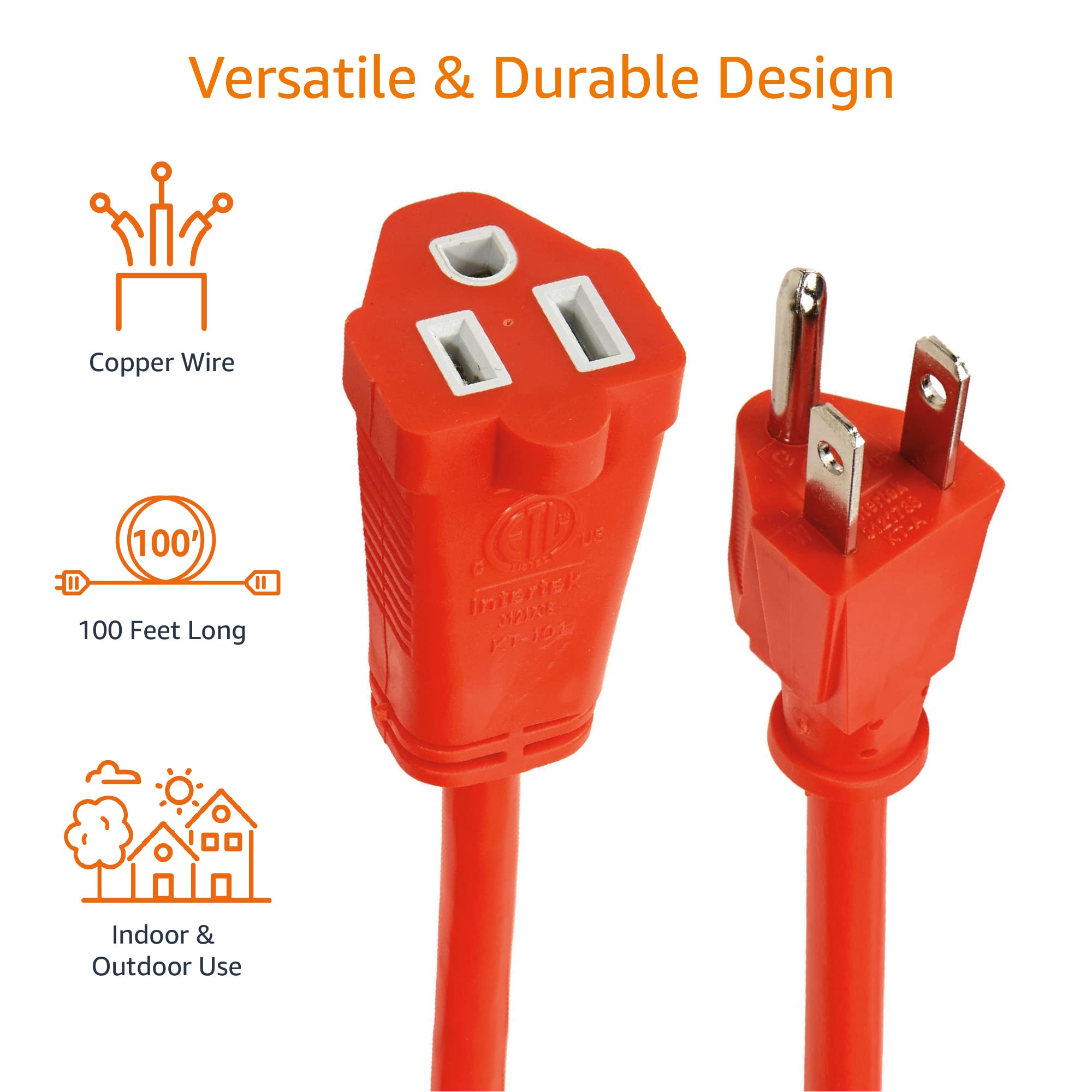 Amazon Basics 100-Foot 3-Prong Vinyl Indoor/Outdoor Extension Cord - 10 Amps, 1250 Watts, 125 VAC - Orange