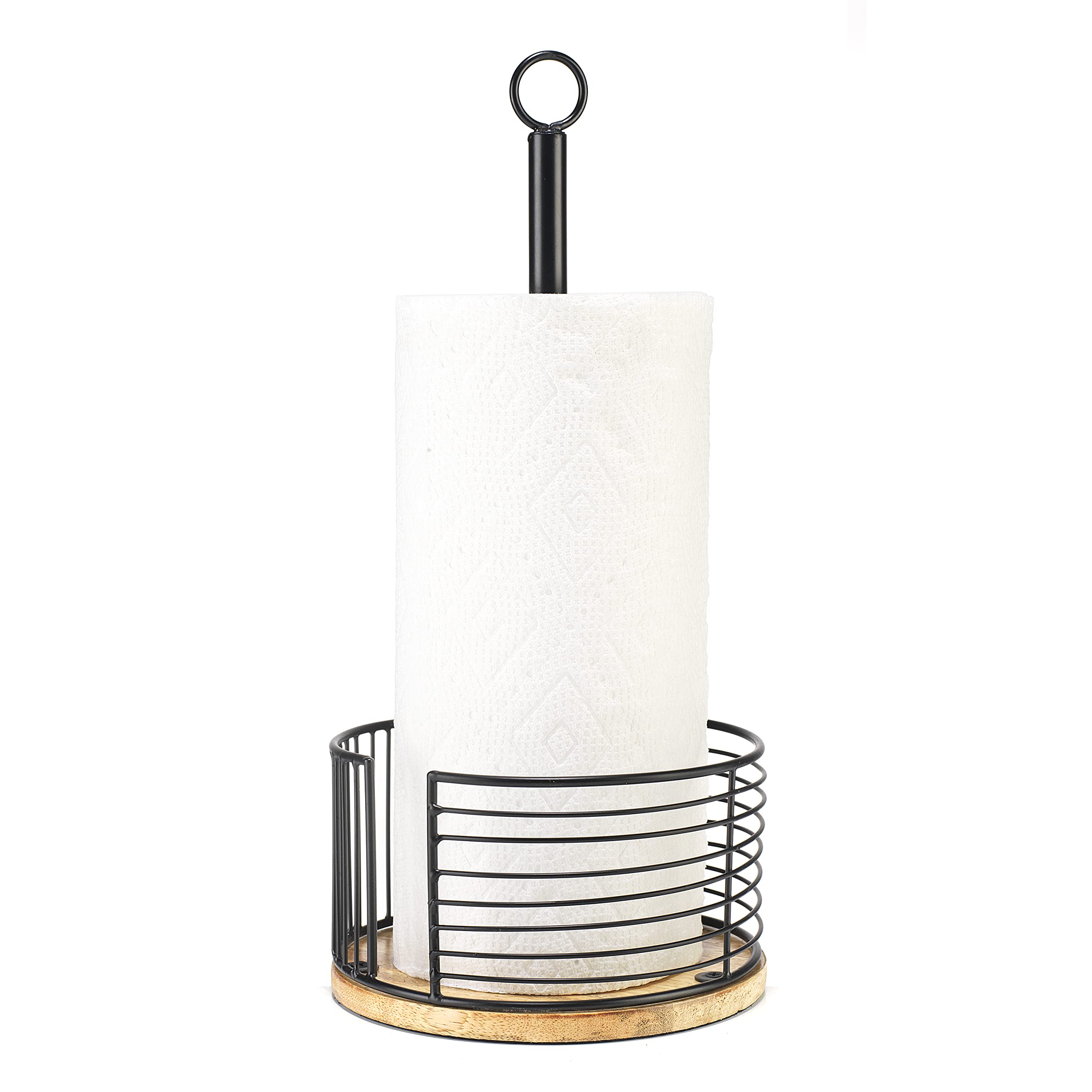 Countertop Paper Towel Holder - Black Metal Wire Kitchen Roll Holder with Wooden Base - Farmhouse Paper Towel Stand