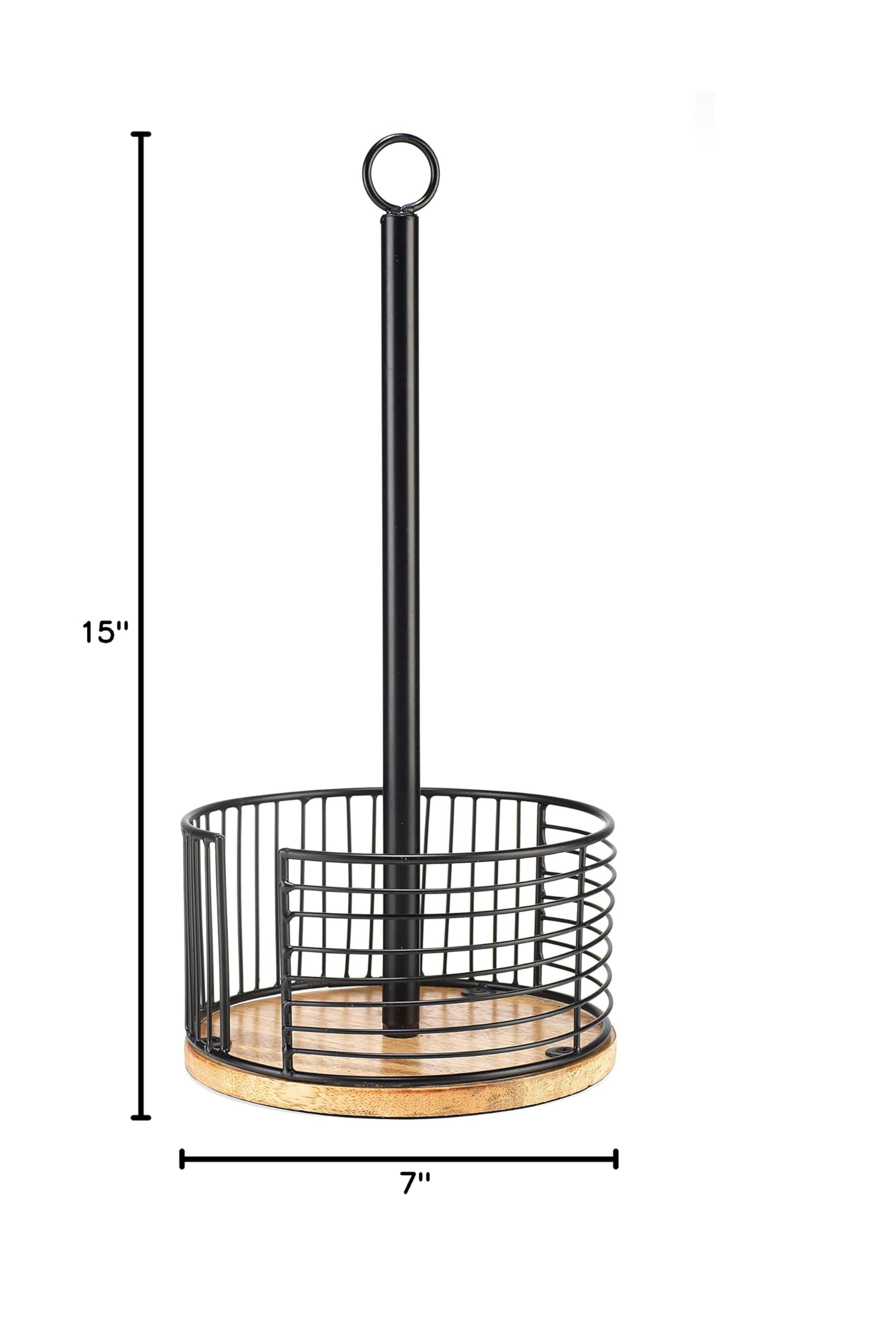 Countertop Paper Towel Holder - Black Metal Wire Kitchen Roll Holder with Wooden Base - Farmhouse Paper Towel Stand
