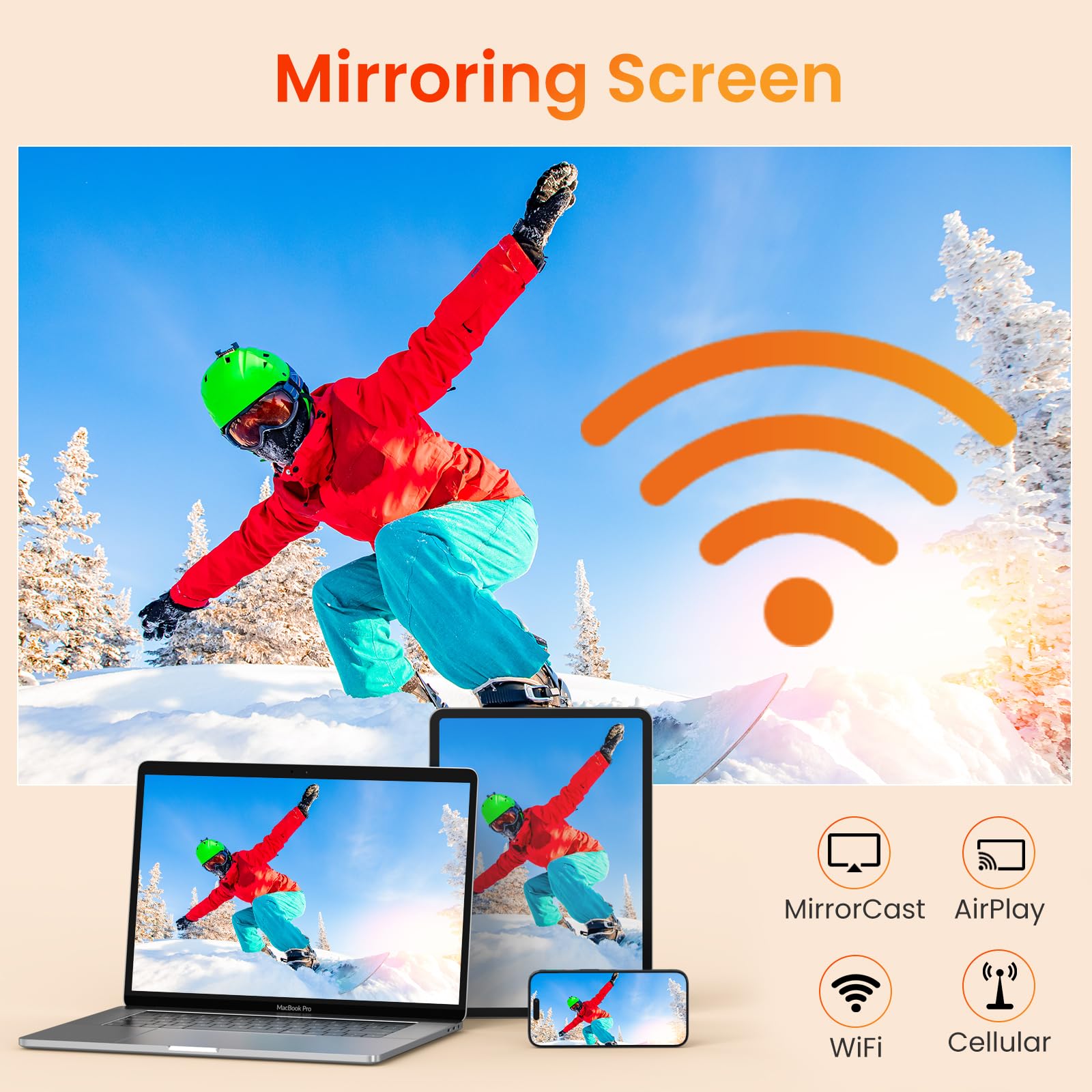 HAPPRUN Projector, 5G WiFi Bluetooth Projector, Native 1080P Portable Projector with Screen and Bag, Support 4K, Zoom, 300" Outdoor Movie Projector Compatible with iOS/Android/TV Stick/PS5