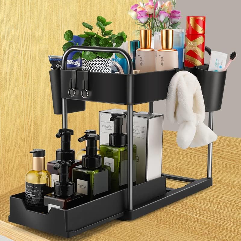 Ourhom Under Sink Organizers and Storage, 2-Tier Pull Out Cabinet Organizer Drawers with 4 Hooks and 2 Hanging Cups, Multi-Purpose Under Sink Organizers for Bathroom Kitchen