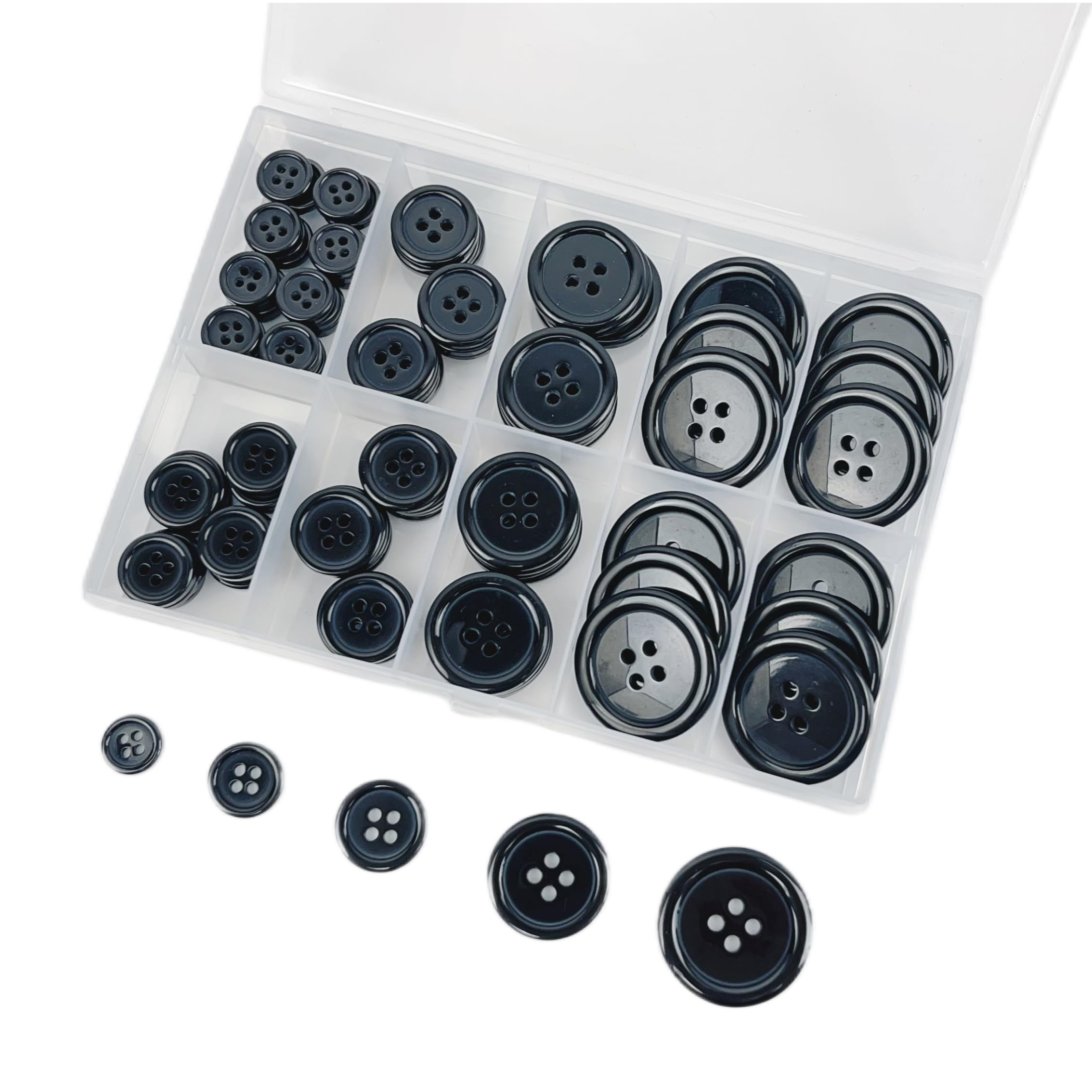 Wennuo 100Pcs Black Sewing Buttons,4-Hole Craft Buttons, 5 Sizes ,with Compartment Storage Box, Suitable for Sewing,Suit Coat Shirt Buttons,DIY Decoration (Black)