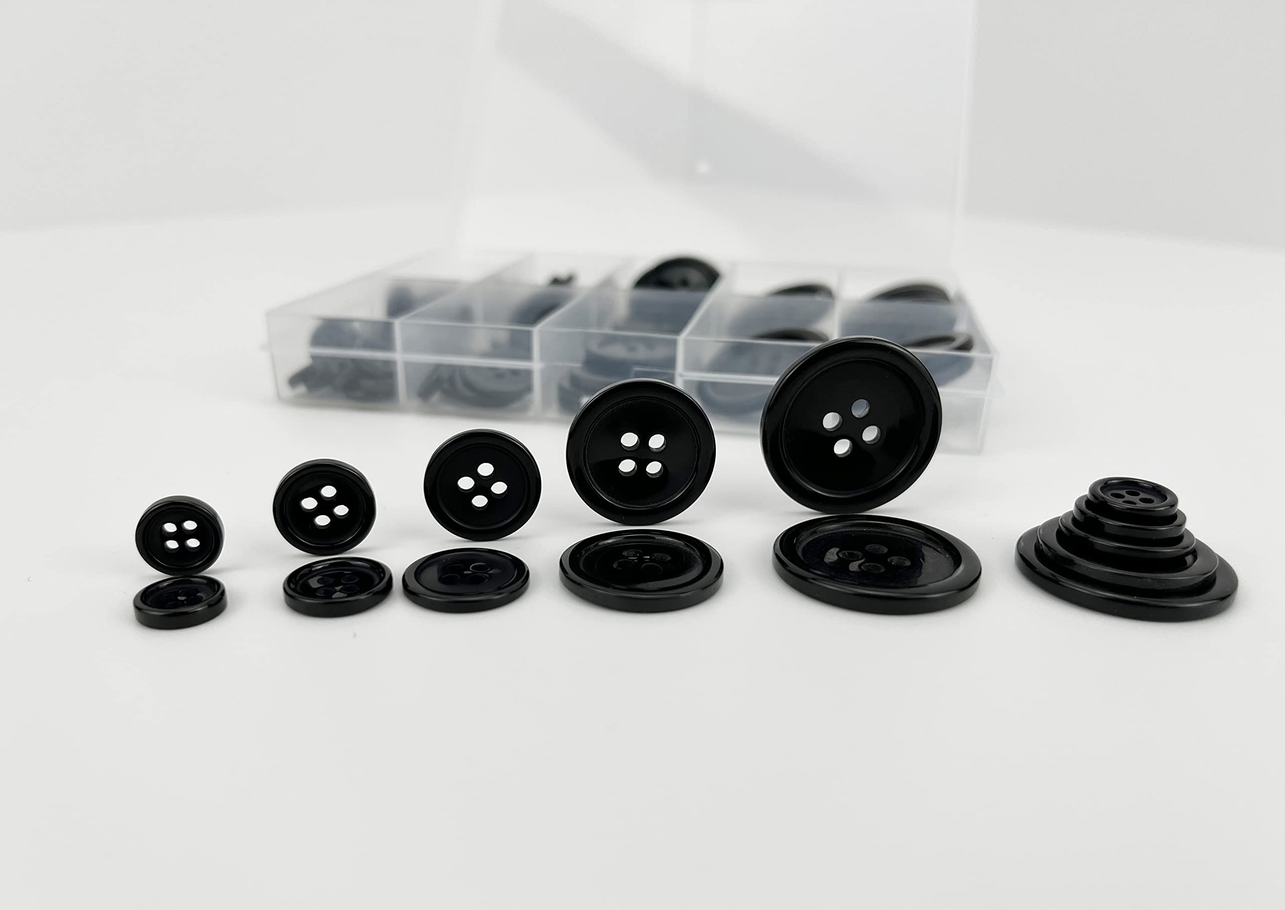 Wennuo 100Pcs Black Sewing Buttons,4-Hole Craft Buttons, 5 Sizes ,with Compartment Storage Box, Suitable for Sewing,Suit Coat Shirt Buttons,DIY Decoration (Black)