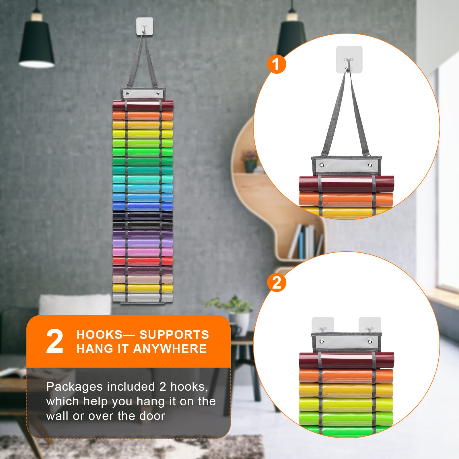 Vinyl Roll Storage with 2 Hooks, AngleKai Vinyl Organizer Storage Craft with 24 Compartments for Craft Vinyl Holder Wall Mount/Over Door Vinyl Storage Organizer Rack