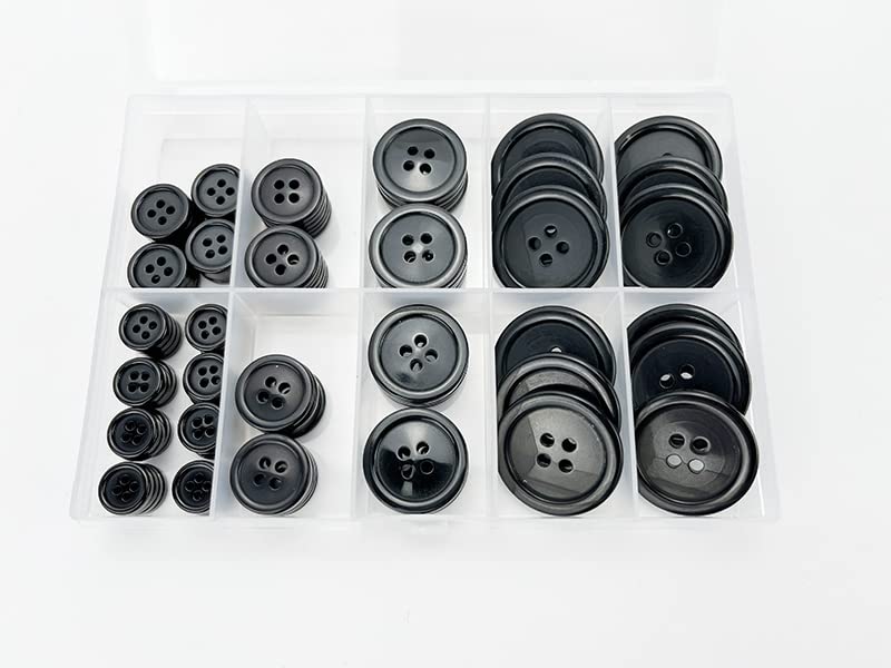 Wennuo 100Pcs Black Sewing Buttons,4-Hole Craft Buttons, 5 Sizes ,with Compartment Storage Box, Suitable for Sewing,Suit Coat Shirt Buttons,DIY Decoration (Black)