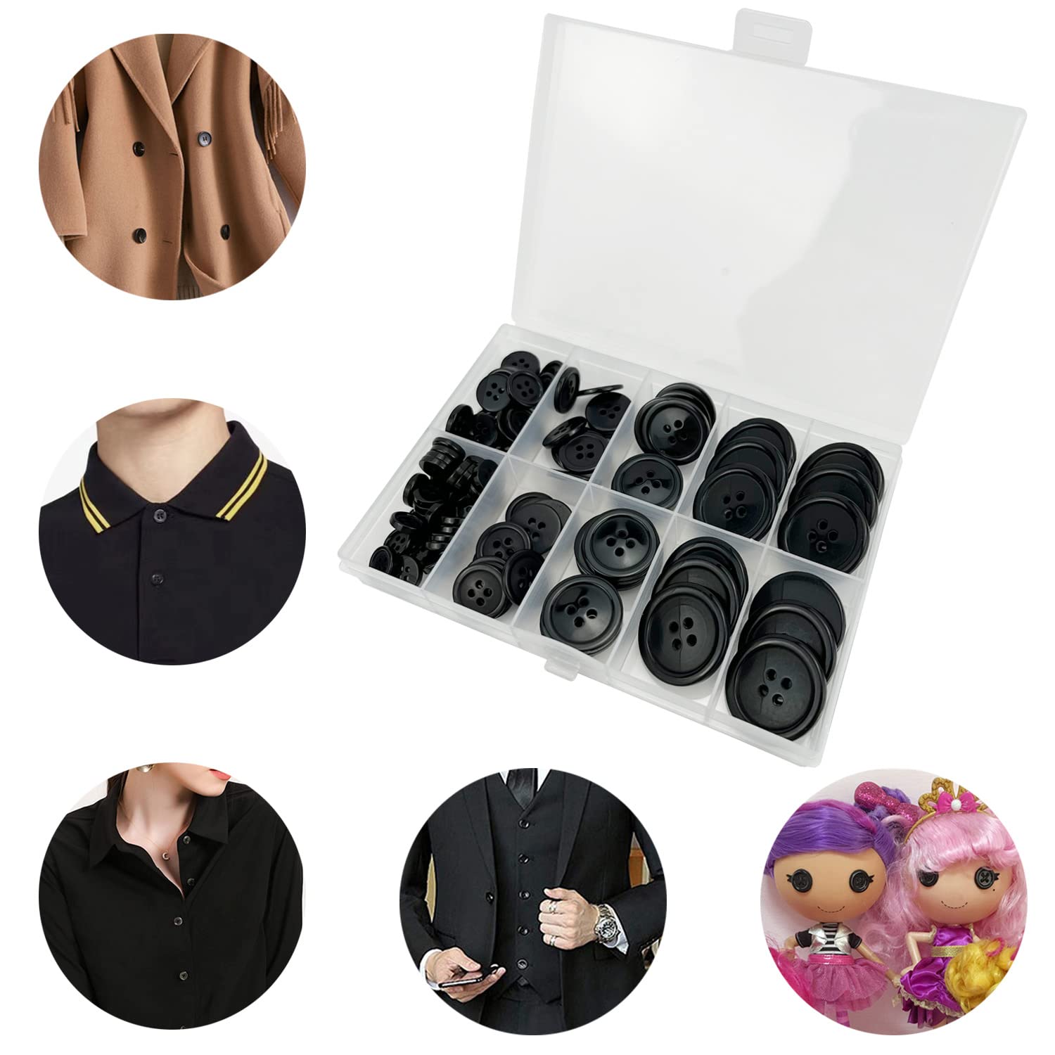 Wennuo 100Pcs Black Sewing Buttons,4-Hole Craft Buttons, 5 Sizes ,with Compartment Storage Box, Suitable for Sewing,Suit Coat Shirt Buttons,DIY Decoration (Black)