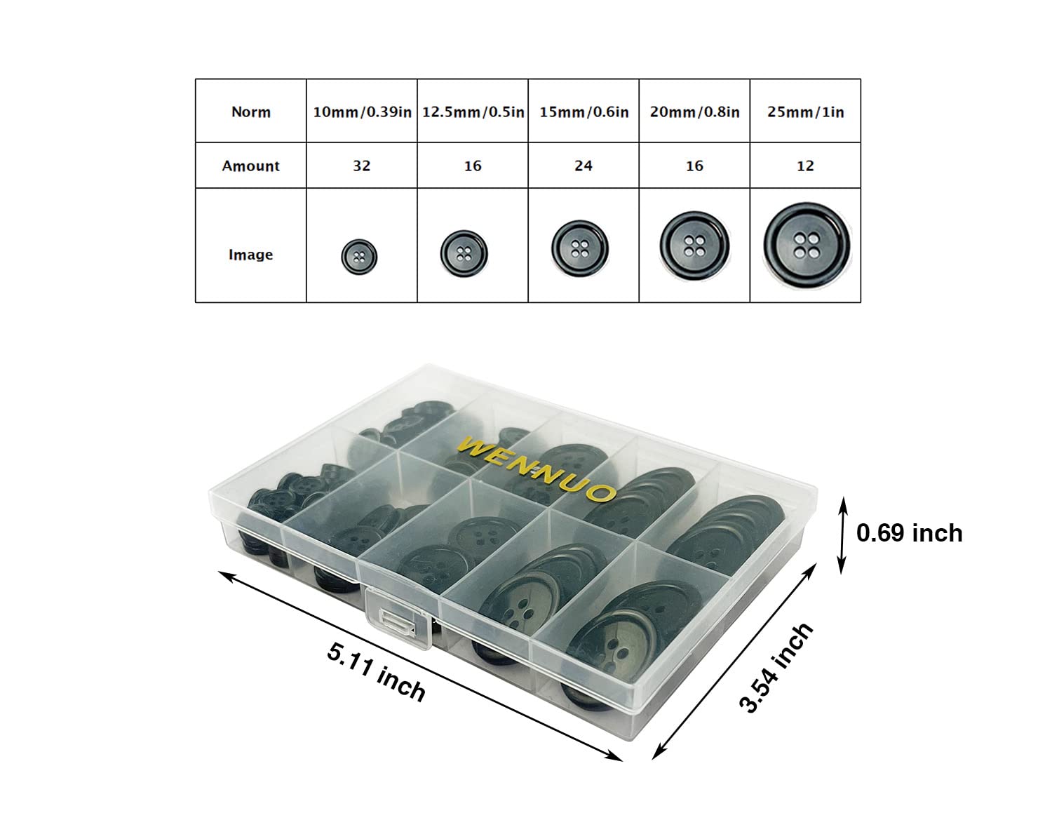Wennuo 100Pcs Black Sewing Buttons,4-Hole Craft Buttons, 5 Sizes ,with Compartment Storage Box, Suitable for Sewing,Suit Coat Shirt Buttons,DIY Decoration (Black)