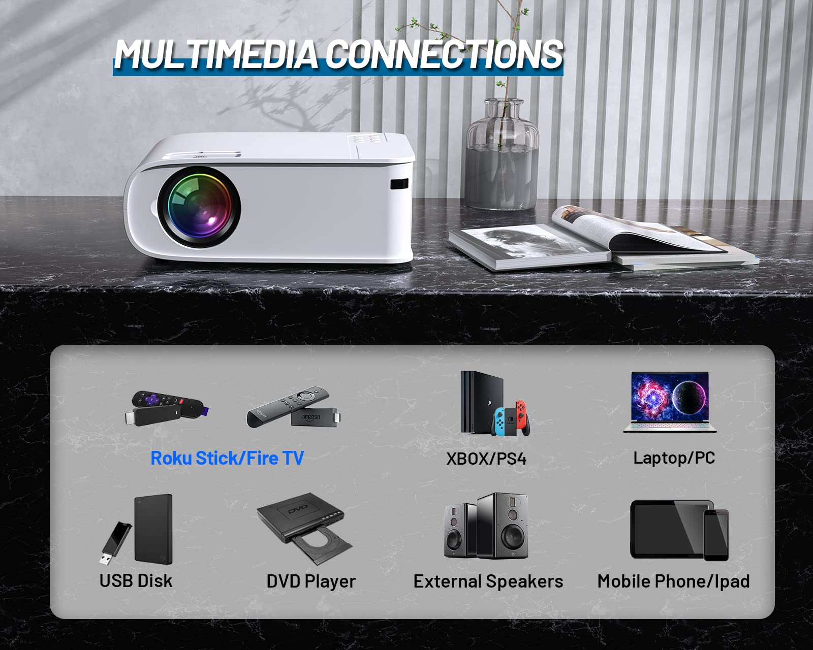 Projector, ARTSEA Native 1080P 5G WiFi HD Projector for iPhone, 2023 Upgrade Outdoor Movie Projector with 100Inch Projection Screen, 12000L 4K 300β Home Video Projector for TV Stick/PS4/Android/iOS