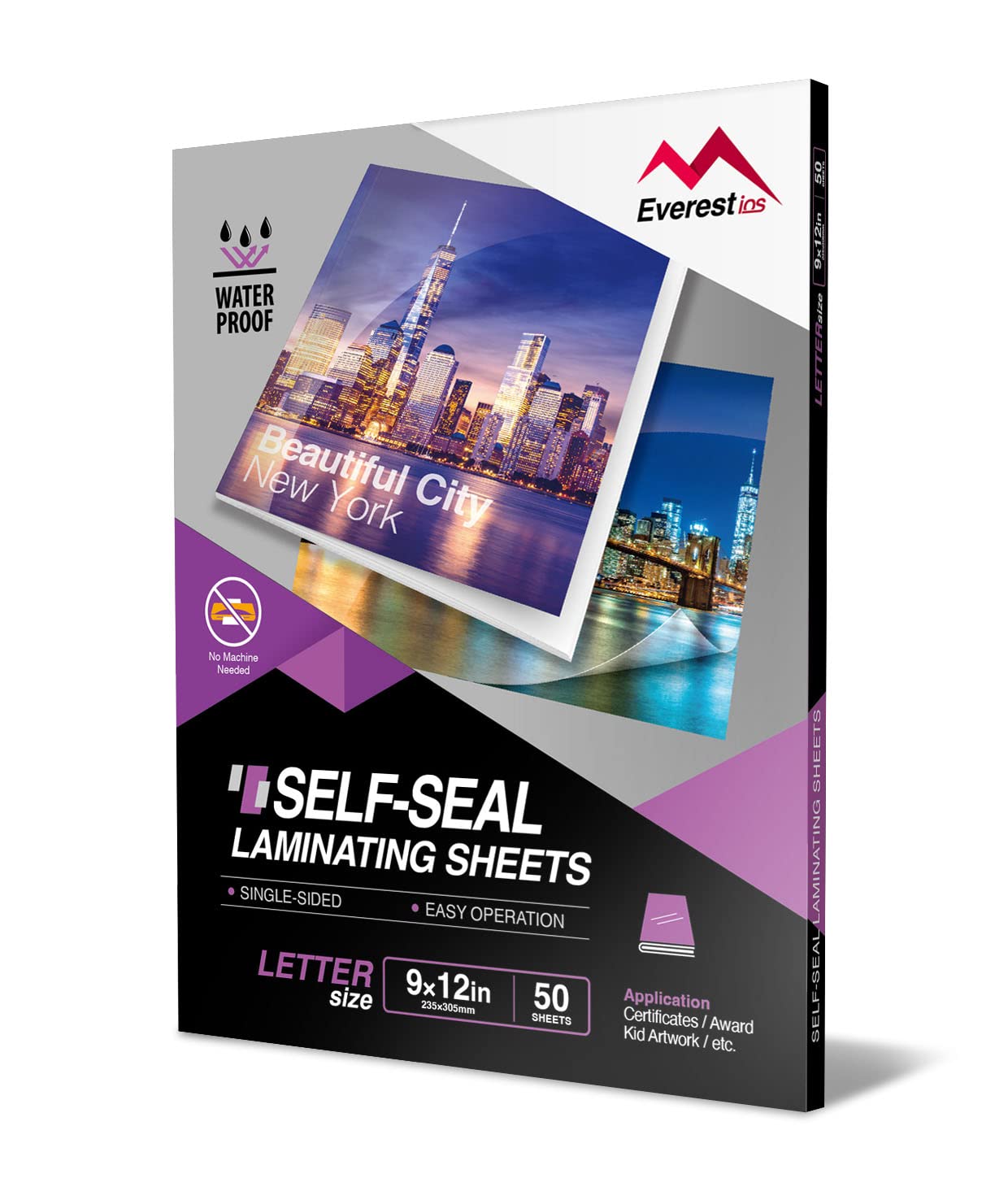 Everest Self Adhesive Laminating Sheets, Single Sided, Waterproof, Removable Adhesive Within 24 Hours, 9 x 12 Inches, 60 Clear Self Seal Laminating Sheets, Letter Size