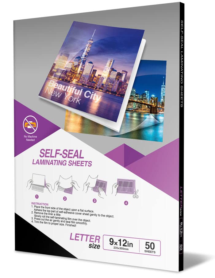 Everest Self Adhesive Laminating Sheets, Single Sided, Waterproof, Removable Adhesive Within 24 Hours, 9 x 12 Inches, 60 Clear Self Seal Laminating Sheets, Letter Size