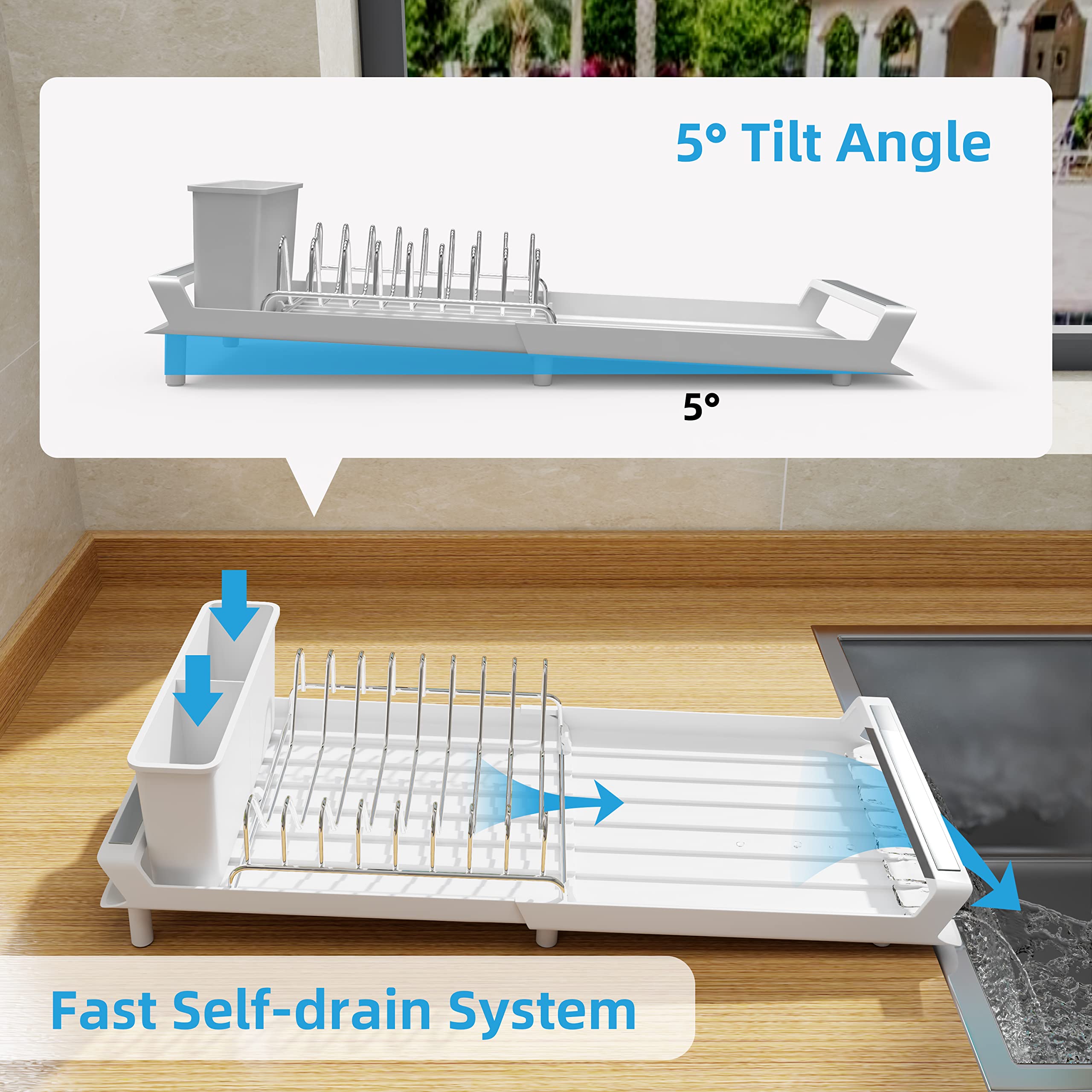 PETXPERT Dish Drying Rack, Expandable Dish Rack for Kitchen Counter with Utensil Holder, Stainless Steel Small Dish Drainer Organizer with Drainboard for Kitchen in Sink (Grey)