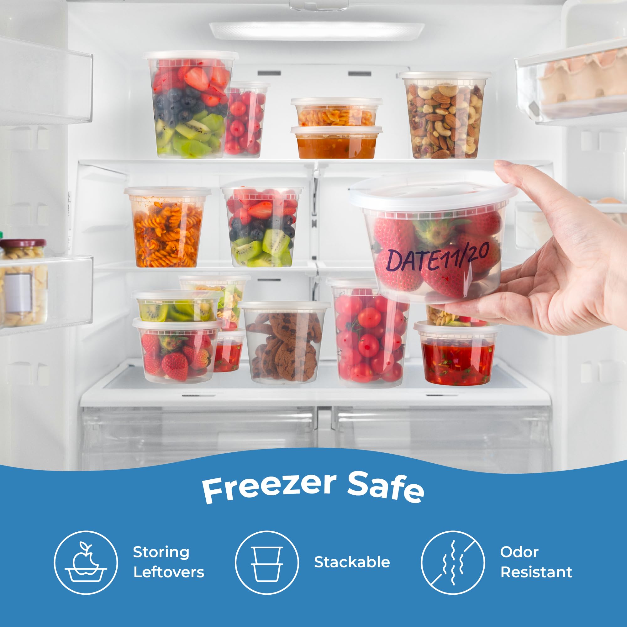 [24 Pack] Food Storage Containers with Lids, Round Plastic Deli Cups, US Made, 32 oz, Quart Size, Leak Proof, Airtight, Microwave & Dishwasher Safe, Stackable, Reusable, White