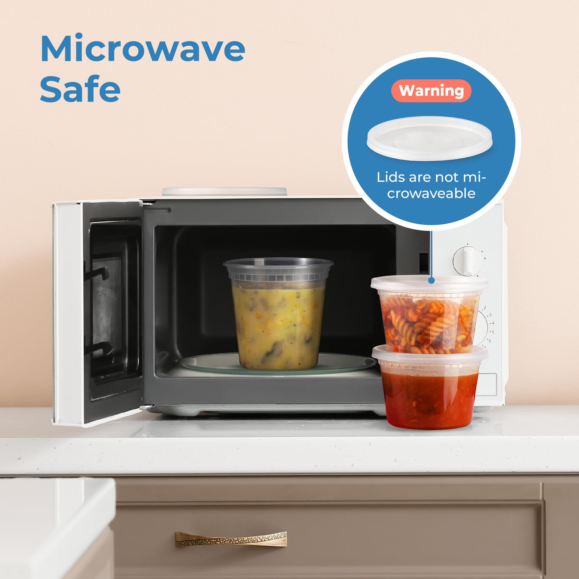 [24 Pack] Food Storage Containers with Lids, Round Plastic Deli Cups, US Made, 32 oz, Quart Size, Leak Proof, Airtight, Microwave & Dishwasher Safe, Stackable, Reusable, White