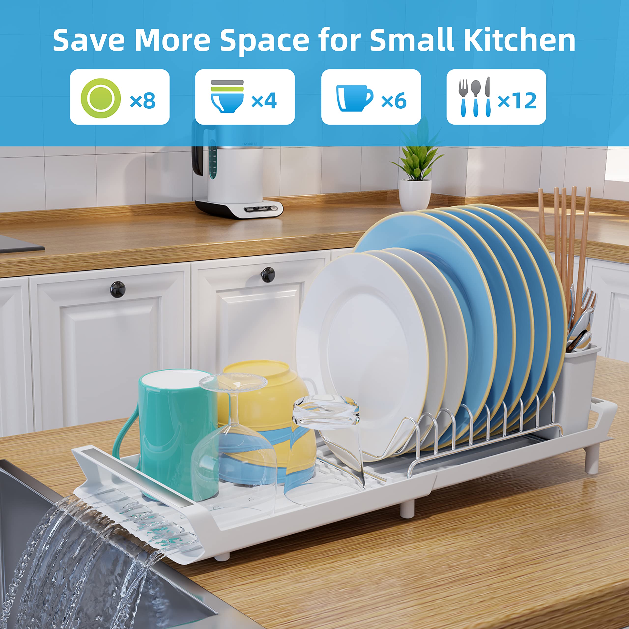 PETXPERT Dish Drying Rack, Expandable Dish Rack for Kitchen Counter with Utensil Holder, Stainless Steel Small Dish Drainer Organizer with Drainboard for Kitchen in Sink (Grey)