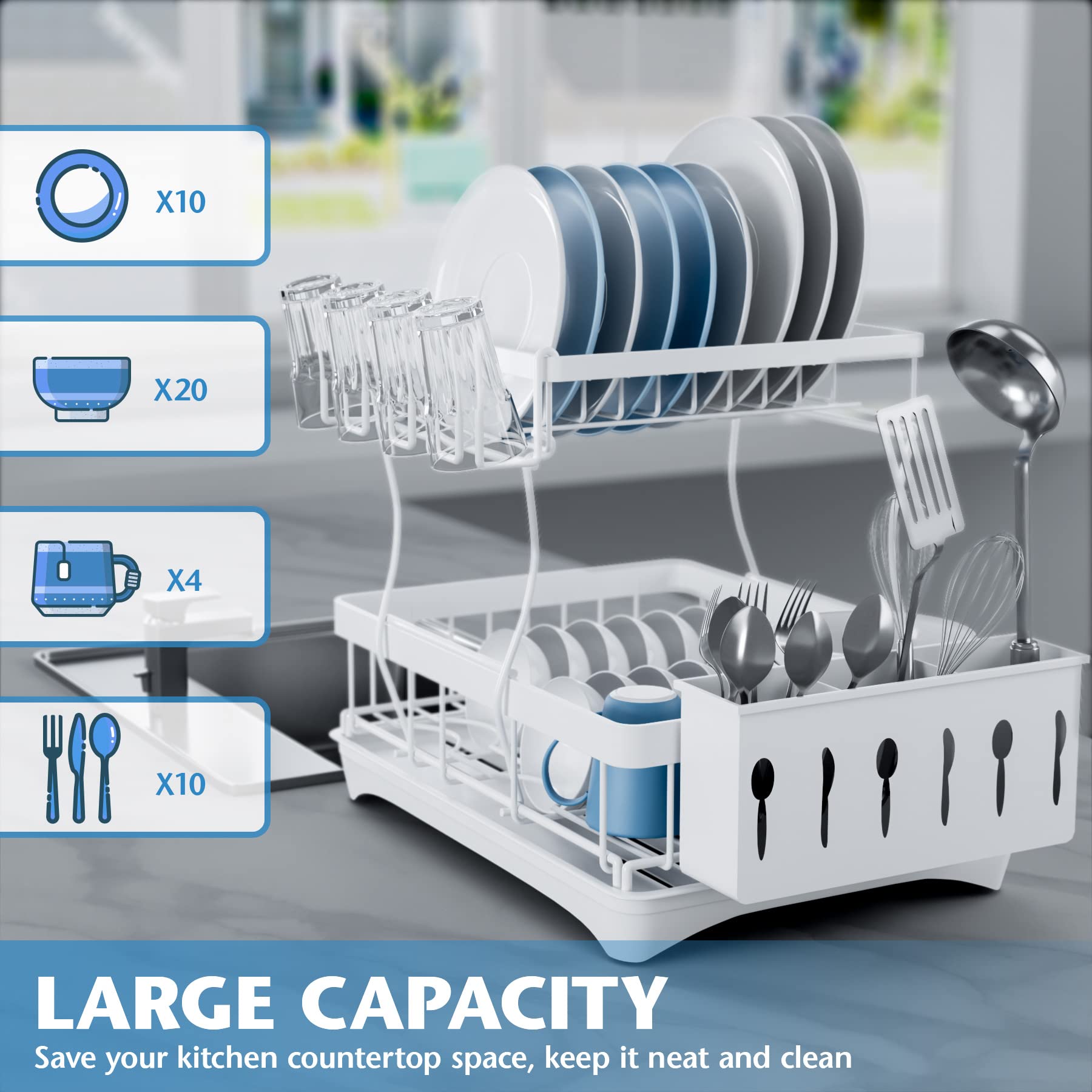 Semounva Dish Drying Rack, 2 Tier Large Capacity Dish Rack and Drainboard Set, Rustproof Dish Drainer with Cup Holder, Utensil Holder, Cutting Board Holder for Kitchen Counter